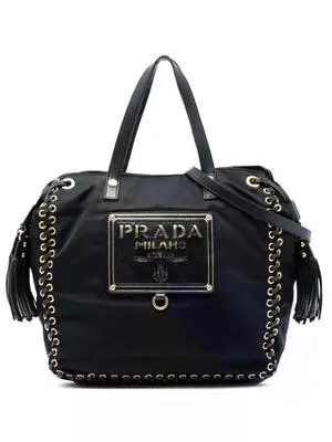 Prada Tessuto Whipstitched Logo Oro Tassel Satchel - Black