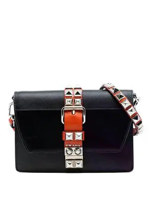 Prada City Calfskin And Saffiano Studded Elektra Crossbody Bag - Black