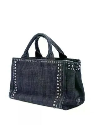 Prada Studded Denim Canapa Logo Satchel