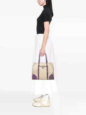Prada Studded Leather Trimmed Canvas Front Pocket Tote Satchel - Brown