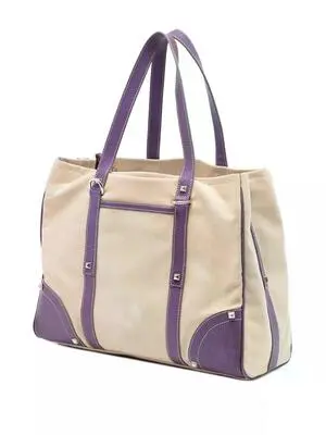 Prada Studded Leather Trimmed Canvas Front Pocket Tote Satchel - Brown