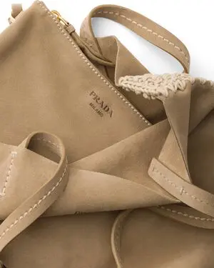 Prada Large Suede And Crochet Tote - Neutral