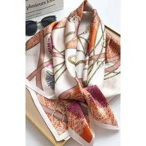 SILKSILKY Pure Mulberry Silk Printed Square Shawl Scarf - Orange