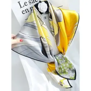 SILKSILKY Pure Mulberry Silk Printed Square Shawl Scarf - Yellow