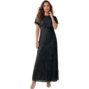 Roaman's Beaded Capelet Maxi Gown - Black