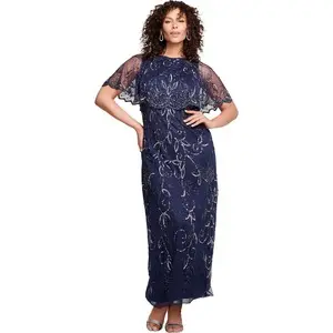 Roaman's Beaded Capelet Maxi Gown - Navy