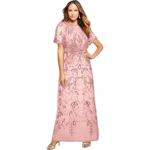 Roaman's Beaded Capelet Maxi Gown - Soft Blush