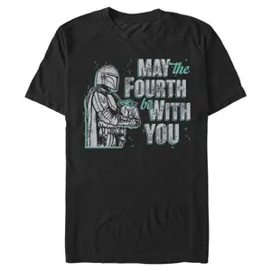 STAR WARS: THE MANDALORIAN Star Wars The Mandalorian Distressed Mando And Grogu May The Fourth T Shirt - Black