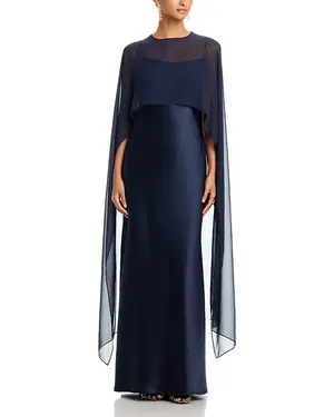 Aqua Long Satin Dress With Chiffon Overlay - Navy