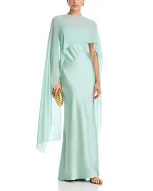 Aqua Long Satin Dress With Chiffon Overlay - Sage