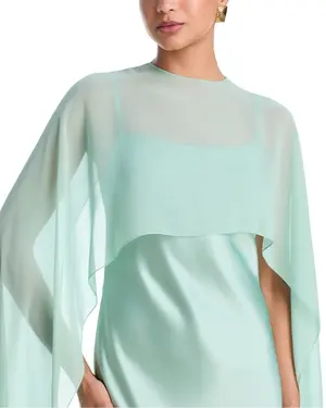 Aqua Long Satin Dress With Chiffon Overlay - Sage