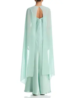 Aqua Long Satin Dress With Chiffon Overlay - Sage