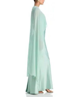 Aqua Long Satin Dress With Chiffon Overlay - Sage