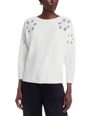 SIONI Flower Embellished Dolman Sleeve Sweater - Eggshell