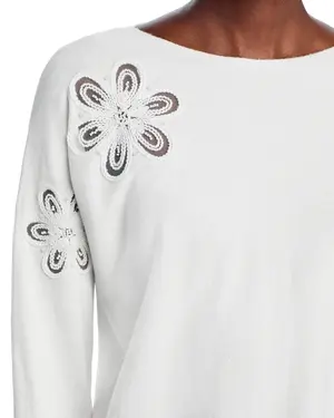 SIONI Flower Embellished Dolman Sleeve Sweater - Eggshell