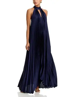 Aqua High Neck Pleated Satin Gown - Navy