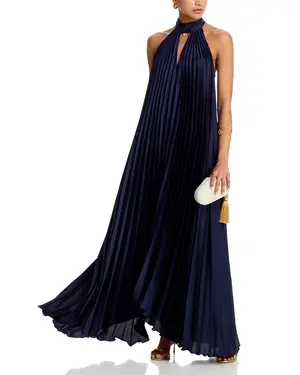 Aqua High Neck Pleated Satin Gown - Navy