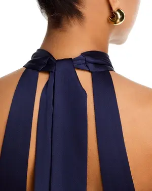 Aqua High Neck Pleated Satin Gown - Navy