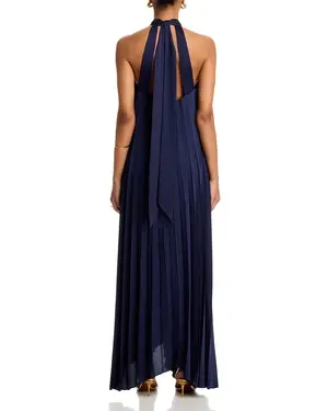 Aqua High Neck Pleated Satin Gown - Navy