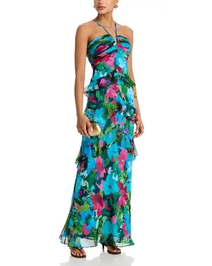 Aqua Chiffon Floral Print Ruffle Dress