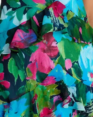 Aqua Chiffon Floral Print Ruffle Dress