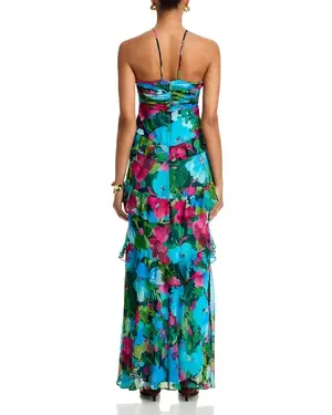 Aqua Chiffon Floral Print Ruffle Dress
