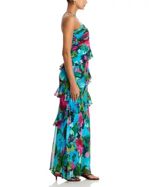 Aqua Chiffon Floral Print Ruffle Dress