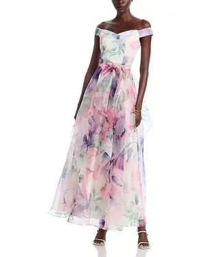 Eliza J Off-the-shoulder Floral Print Gown