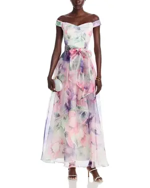Eliza J Off-the-shoulder Floral Print Gown