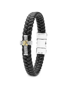 Lagos 18k Yellow Gold And Sterling Braided Leather Anthem Cross Bracelet