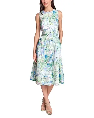 Karl Lagerfeld Paris Printed Tie Back Midi Dress - Sky Blue Multi