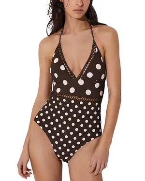 REISS Polka Dot Lattice Trim One Piece Swimsuit - Chocolate