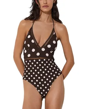 REISS Polka Dot Lattice Trim One Piece Swimsuit