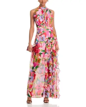 Aqua Printed Ruffle Placket Maxi Dress