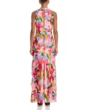 Aqua Printed Ruffle Placket Maxi Dress
