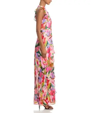 Aqua Printed Ruffle Placket Maxi Dress