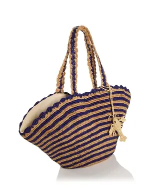 Aqua Stripe Fan Raffia Tote