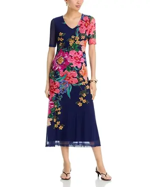 Johnny Was Elbow Sleeve V Neck Mesh Midi Dress - Celiora Navy