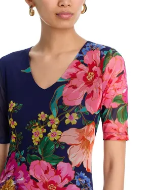 Johnny Was Elbow Sleeve V Neck Mesh Midi Dress