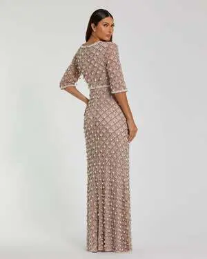 MAC DUGGAL COLLECTION Petite Pearl Embellished 3/4 Sleeve Gown