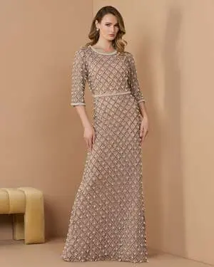 MAC DUGGAL COLLECTION Petite Pearl Embellished 3/4 Sleeve Gown - Pink