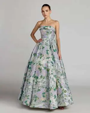 Mac Duggal Strapless Floral Brocade Ball Gown - Lilac Multi