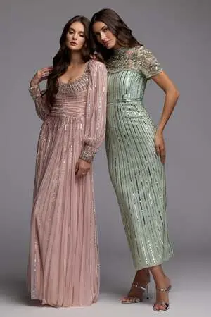Mac Duggal Beaded Mock Neck Midi Dress
