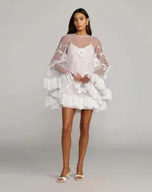 Mac Duggal Embellished Tulle Mini Dress With Fringe Hem - Ivory