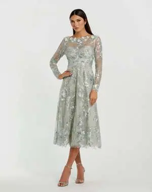 Mac Duggal Embellished Illusion Long Sleeve Midi Dress