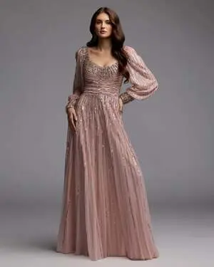 Mac Duggal Embellished Long Sleeve Scoop Neck A-line Gown