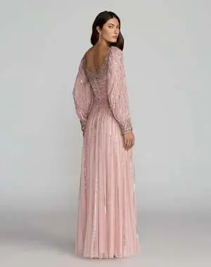 Mac Duggal Embellished Long Sleeve Scoop Neck A-line Gown