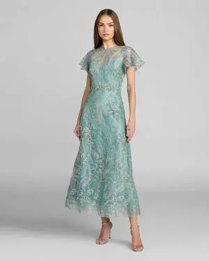 Mac Duggal Embroidered Flutter Sleeve Midi Dress