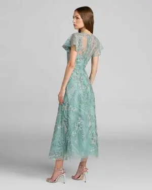 Mac Duggal Embroidered Flutter Sleeve Midi Dress