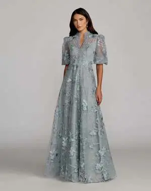 Mac Duggal Queen Anne Puff Sleeve Embroidered Gown